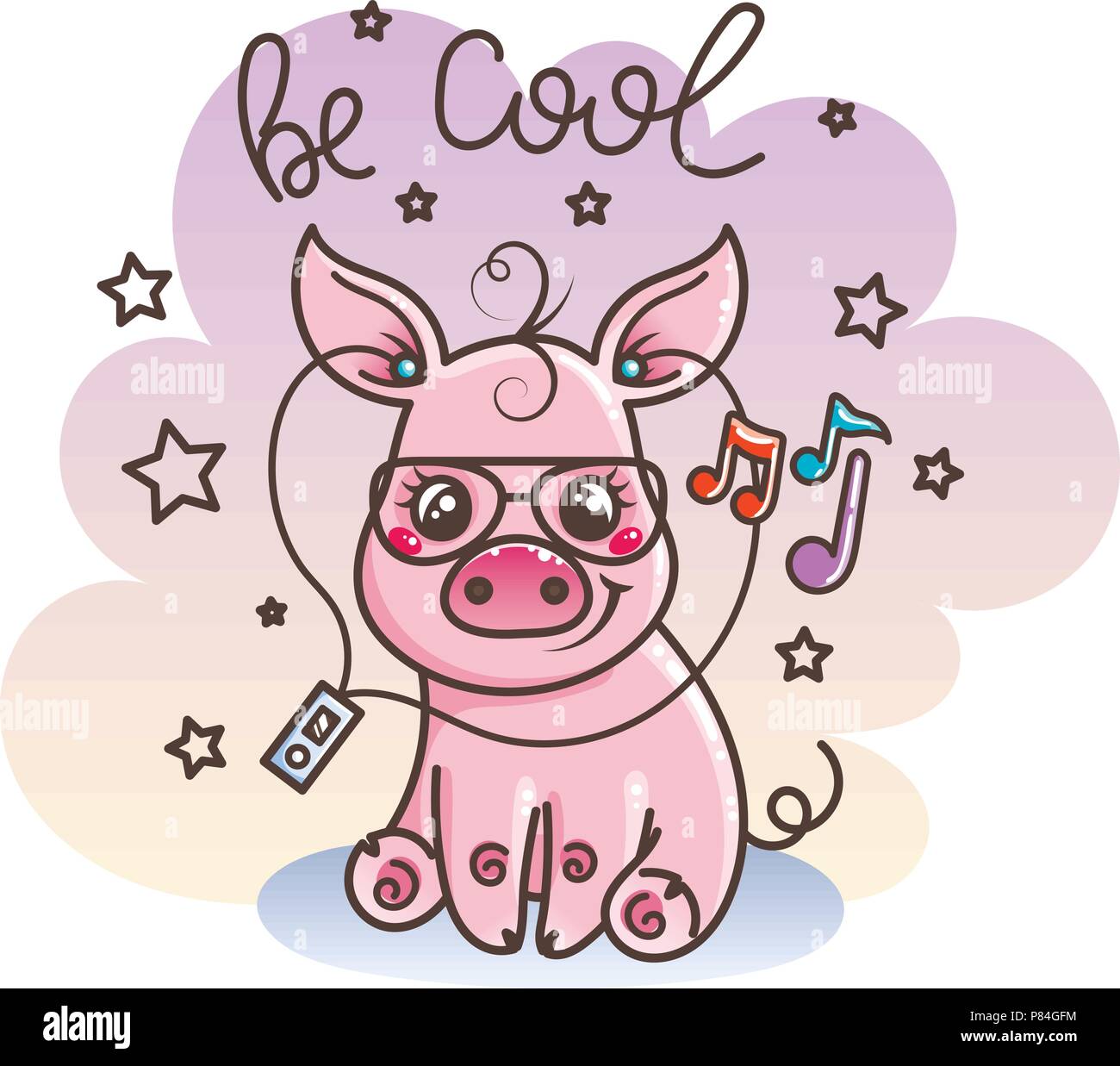 Cute cartoon baby pig in a cool sunglasses with music player. Vector ...