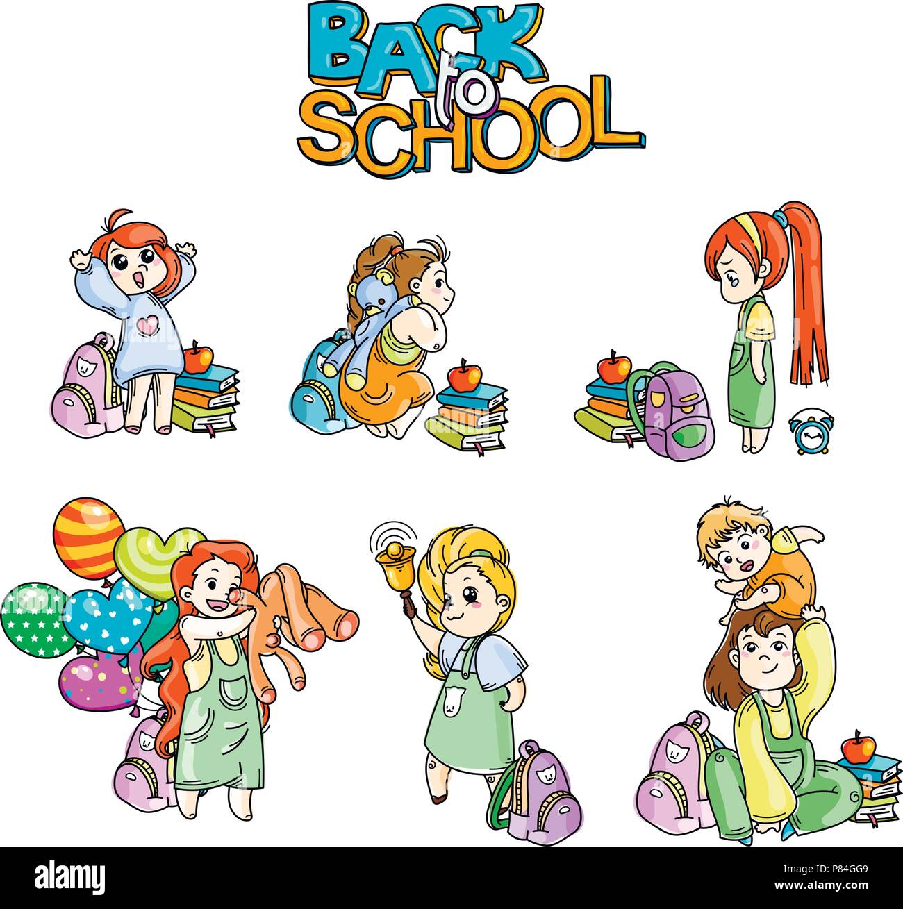 Collection of school cartoon children. Set of vector illustration ...