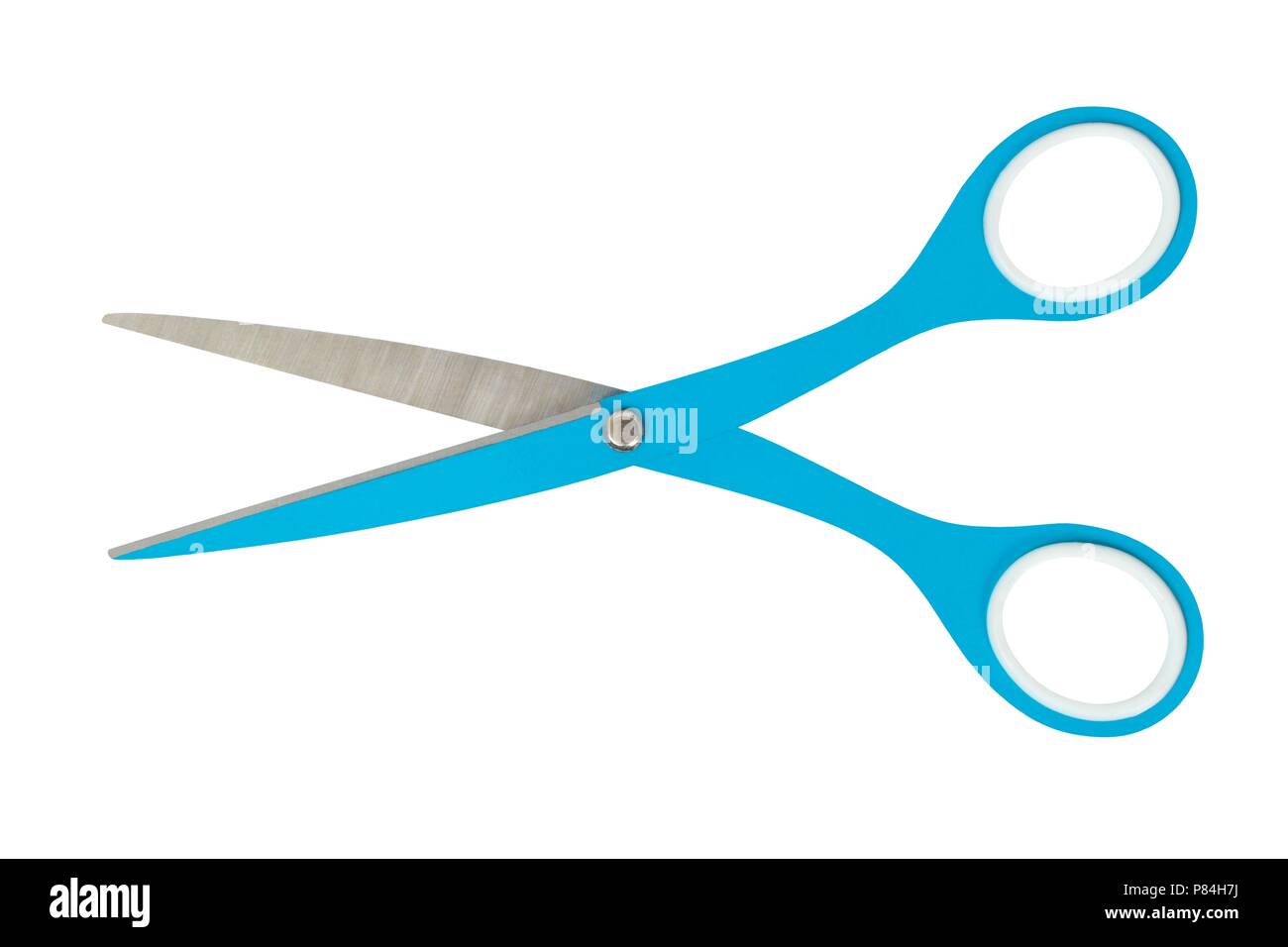 Open blue scissors isolated on white background Stock Photo - Alamy