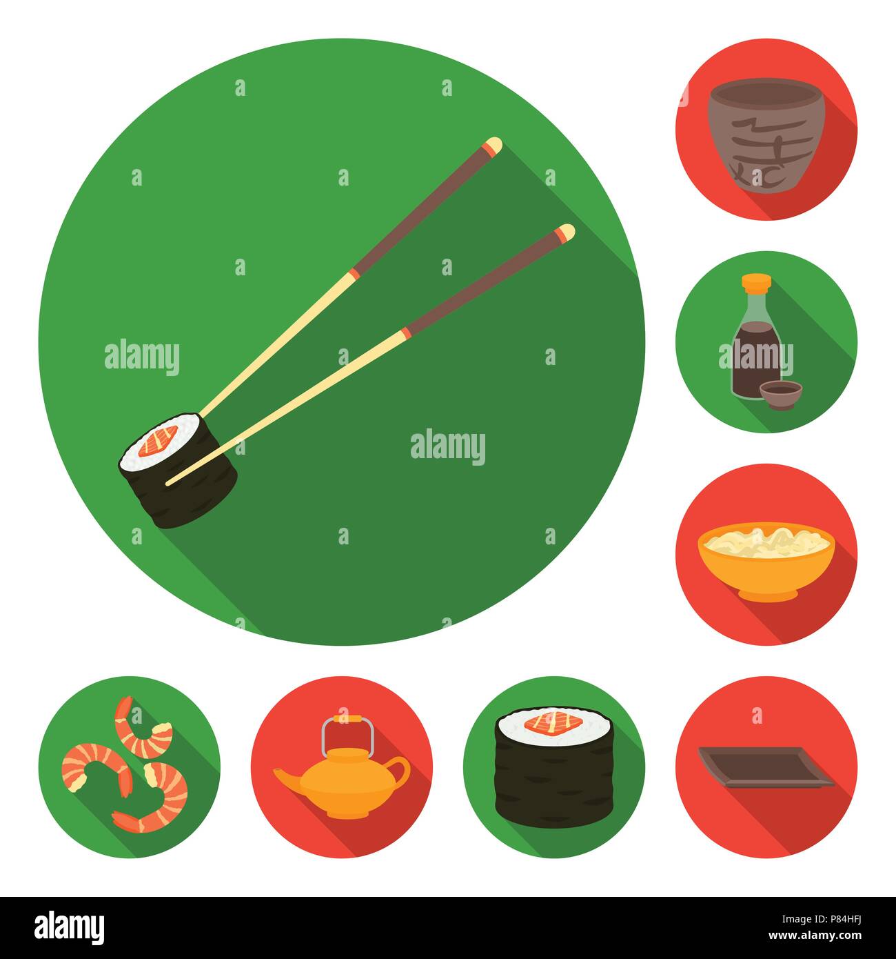 Sushi and seasoning flat icons in set collection for design. Seafood ...