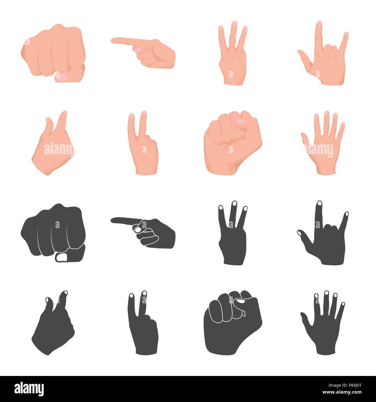 Open fist, victory, miser. Hand gesture set collection icons in black ...