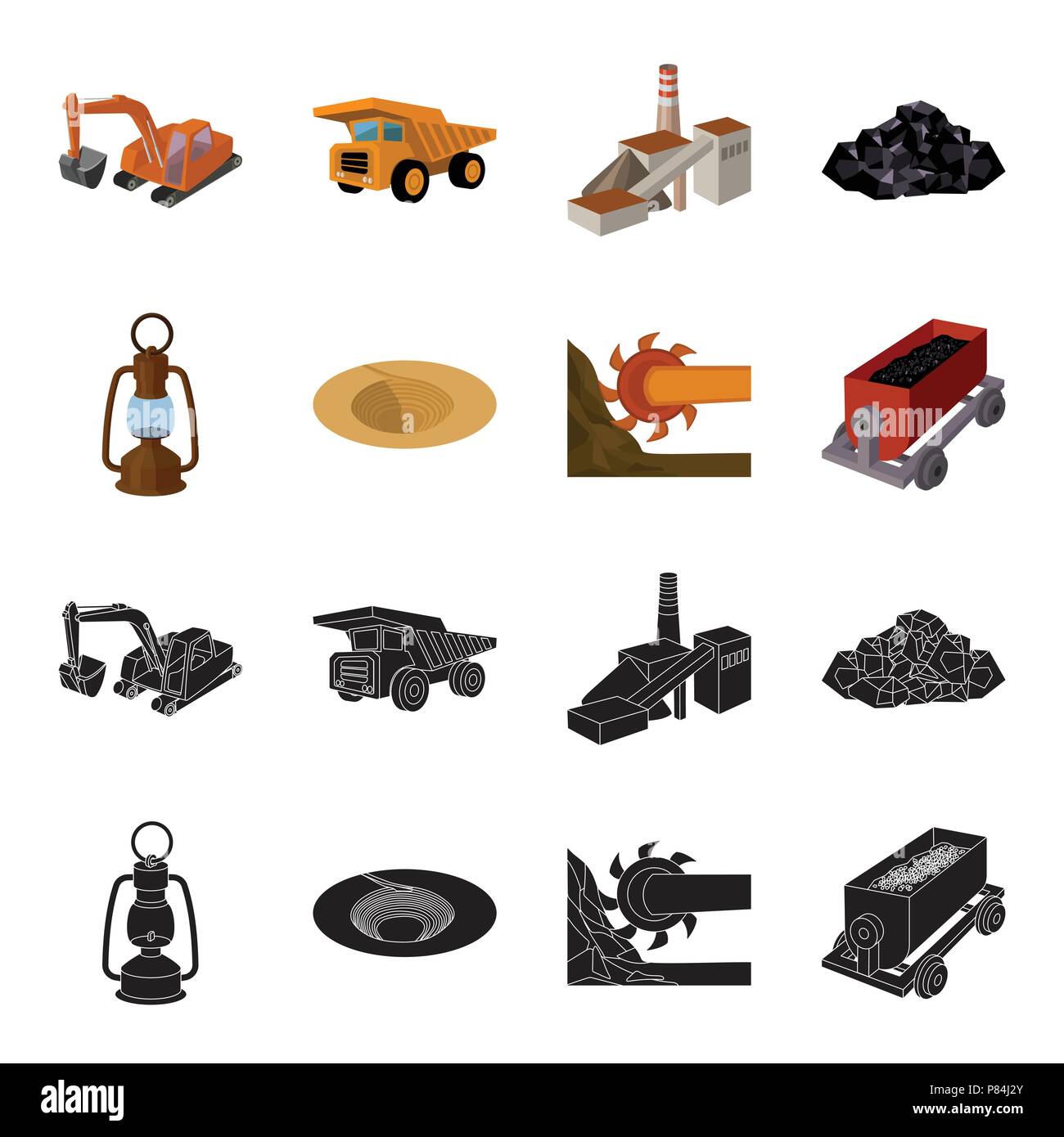 A miner's lamp, a funnel, a mining combine, a trolley with ore.Mining ...