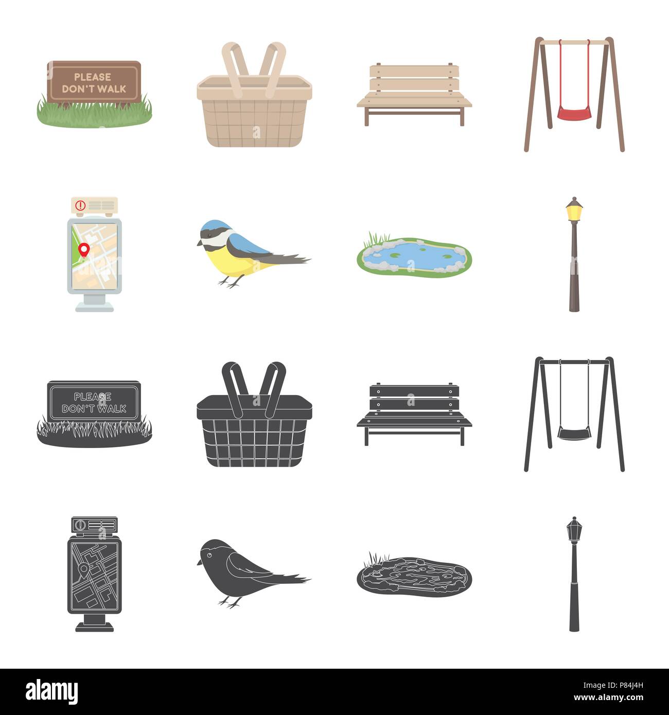 Territory plan, bird, lake, lighting pole. Park set collection icons in ...