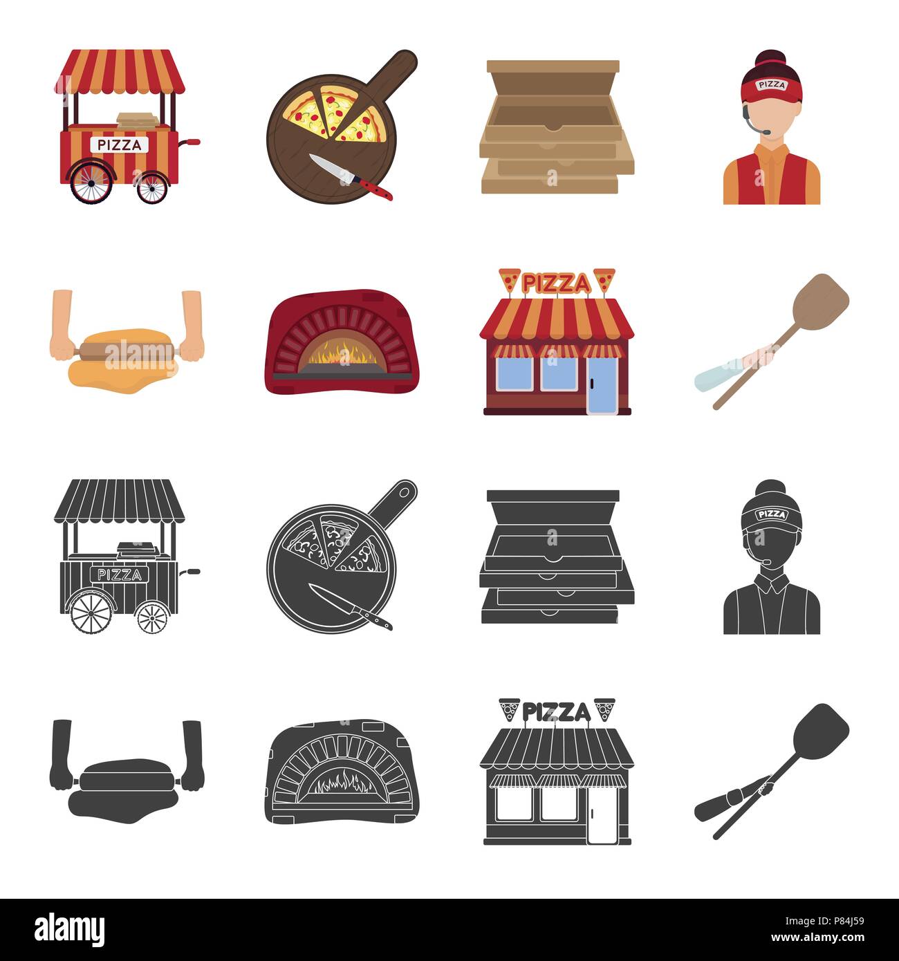 Pizza dough, oven, pizzeria building, spatula for billets. Pizza and ...