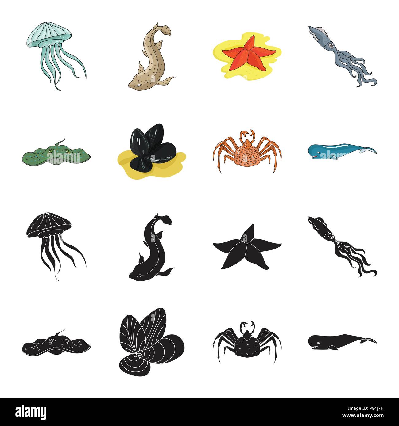 Electric ramp, mussels, crab, sperm whale.Sea animals set collection ...