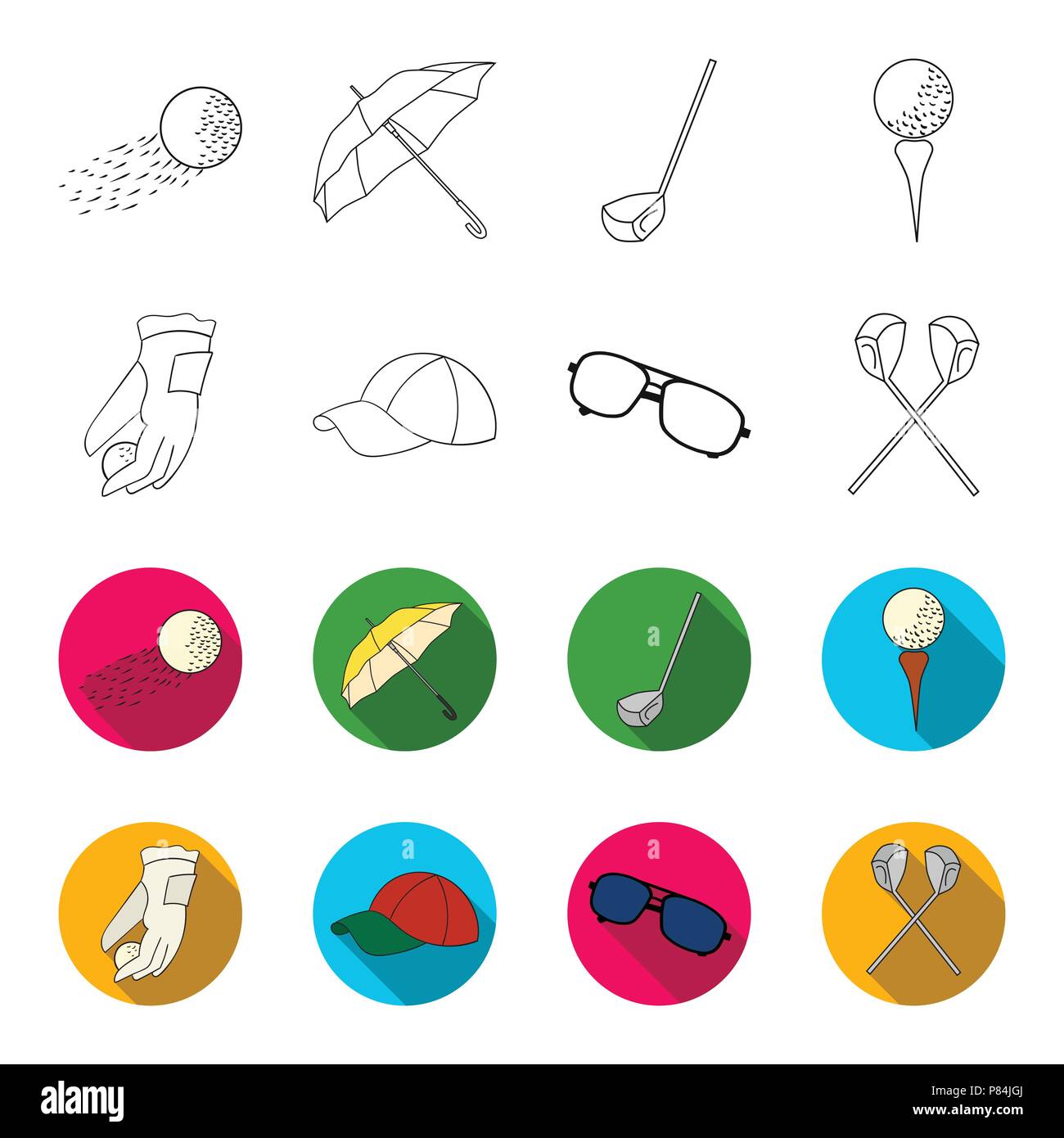 A glove for playing golf with a ball, a red cap, sunglasses, two clubs ...