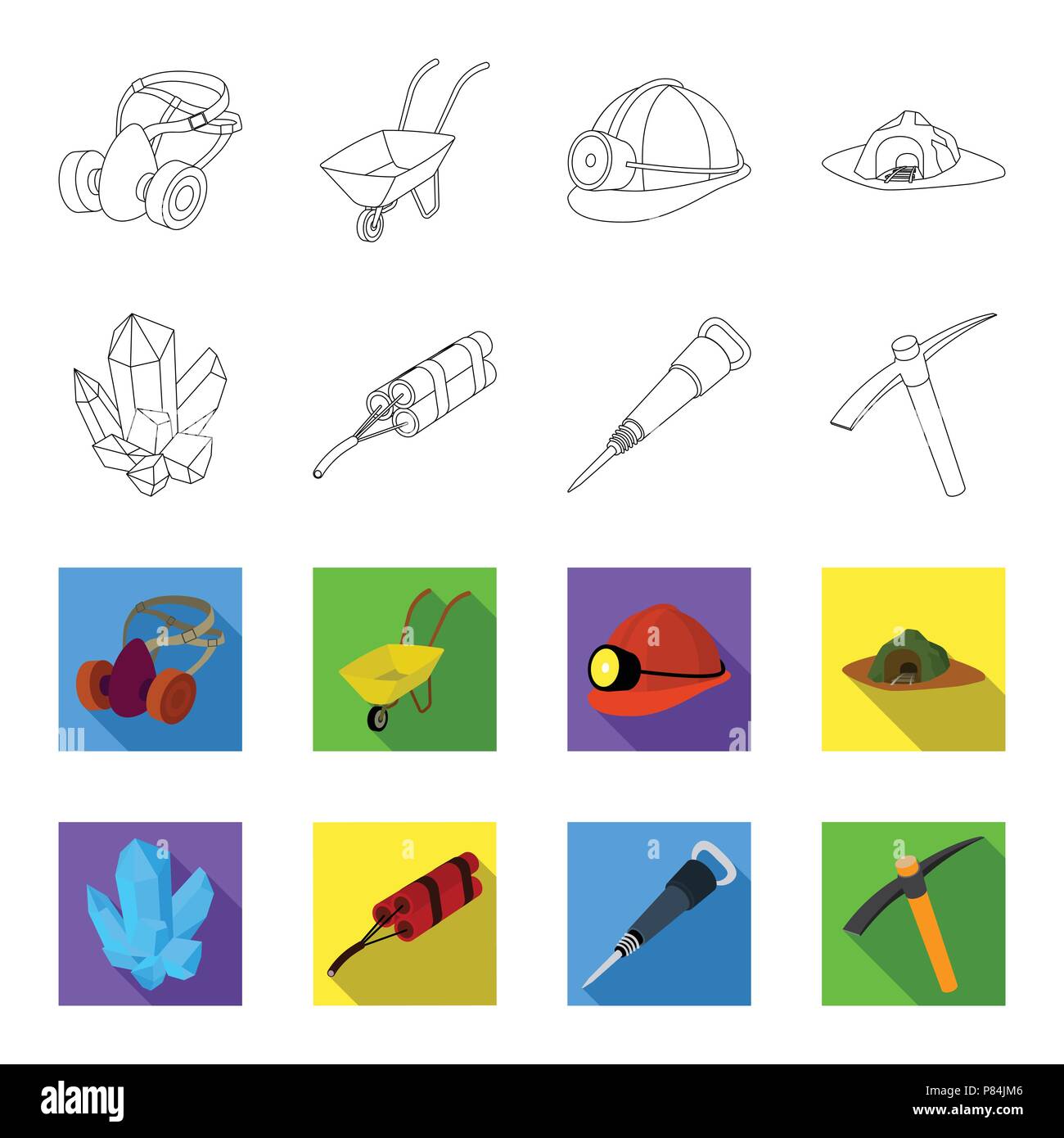 Minerals, explosives, jackhammer, pickaxe.Mining industry set ...
