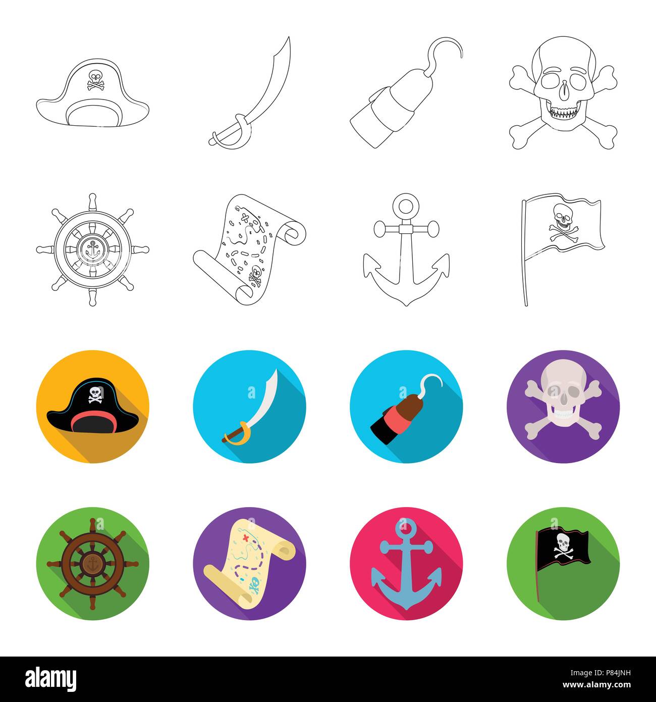 Pirate, bandit, rudder, flag .Pirates set collection icons in outline ...