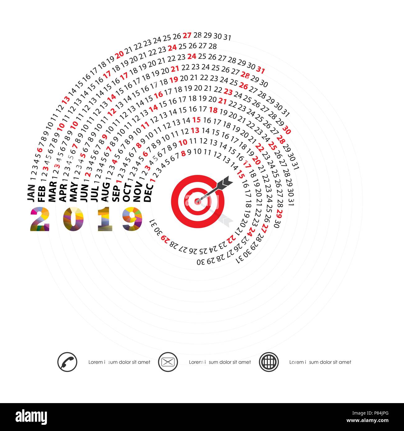 2019 Calendar Template.Spiral calendar.Calendar 2019 Set of 12 Months ...