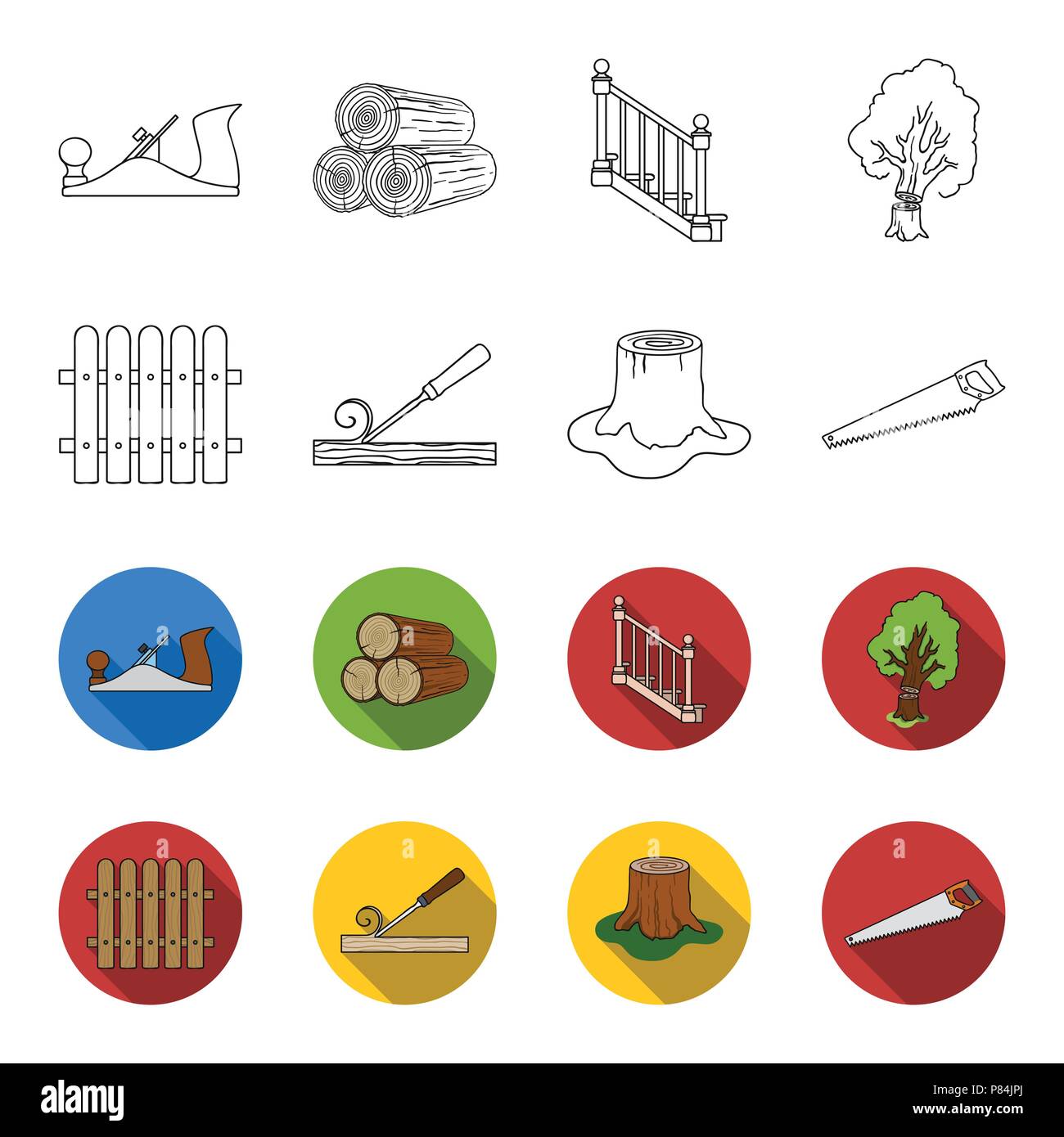 Fence, chisel, stump, hacksaw for wood. Lumber and timber set ...