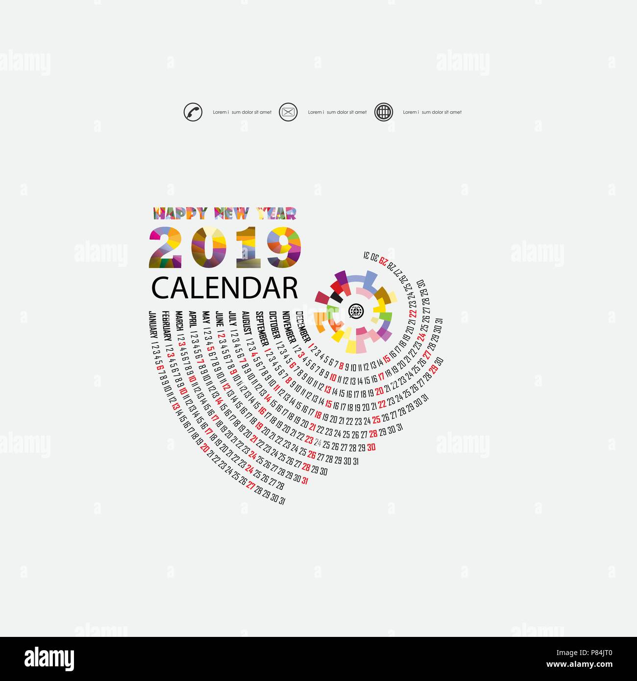 2019 Calendar Template.Spiral calendar.Calendar 2019 Set of 12 Months ...