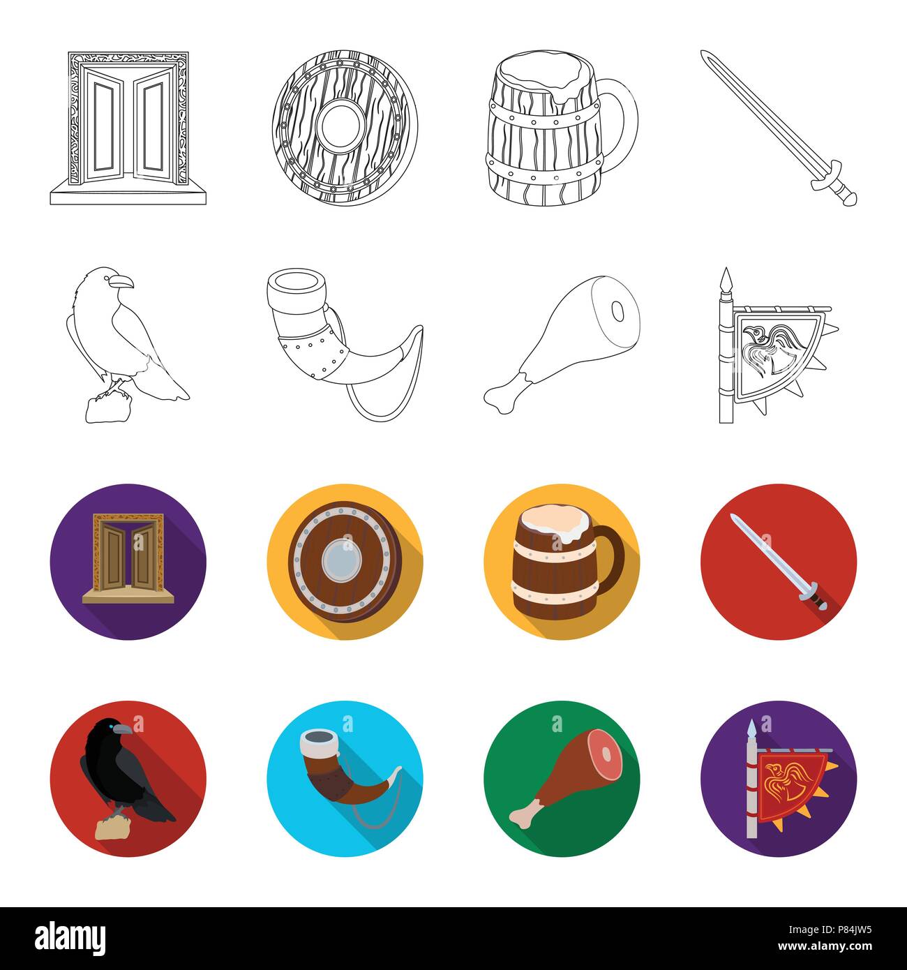 Sitting crow, horn with drink, ham, victory flag. Vikings set ...
