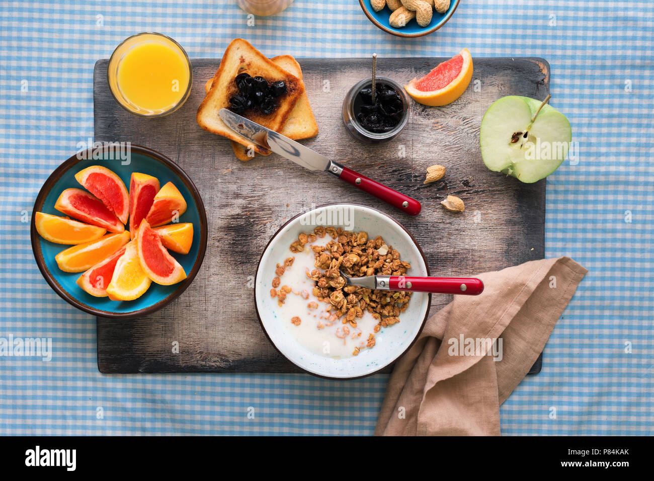 Healthy breakfast with different food, top view Stock Photo - Alamy