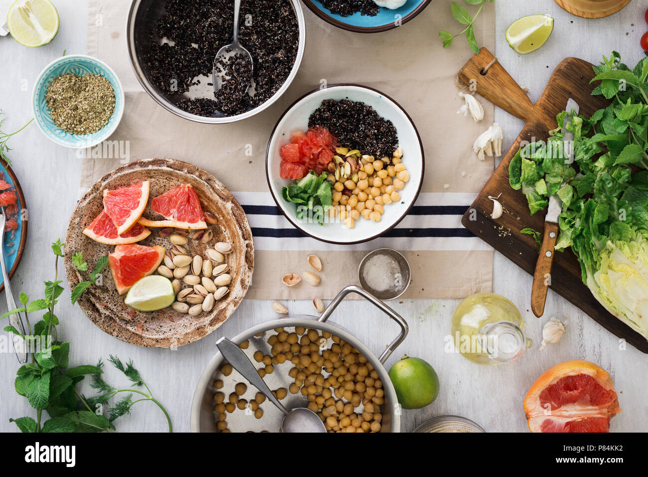 Variety of healthy dishes on wooden table. top view. Cooking healthy ...