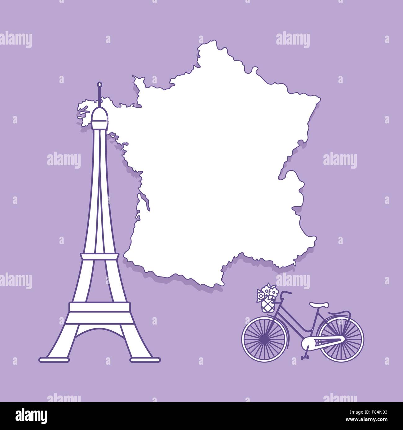 Map of France, famous tower of Paris, bicycle with a basket of flowers ...