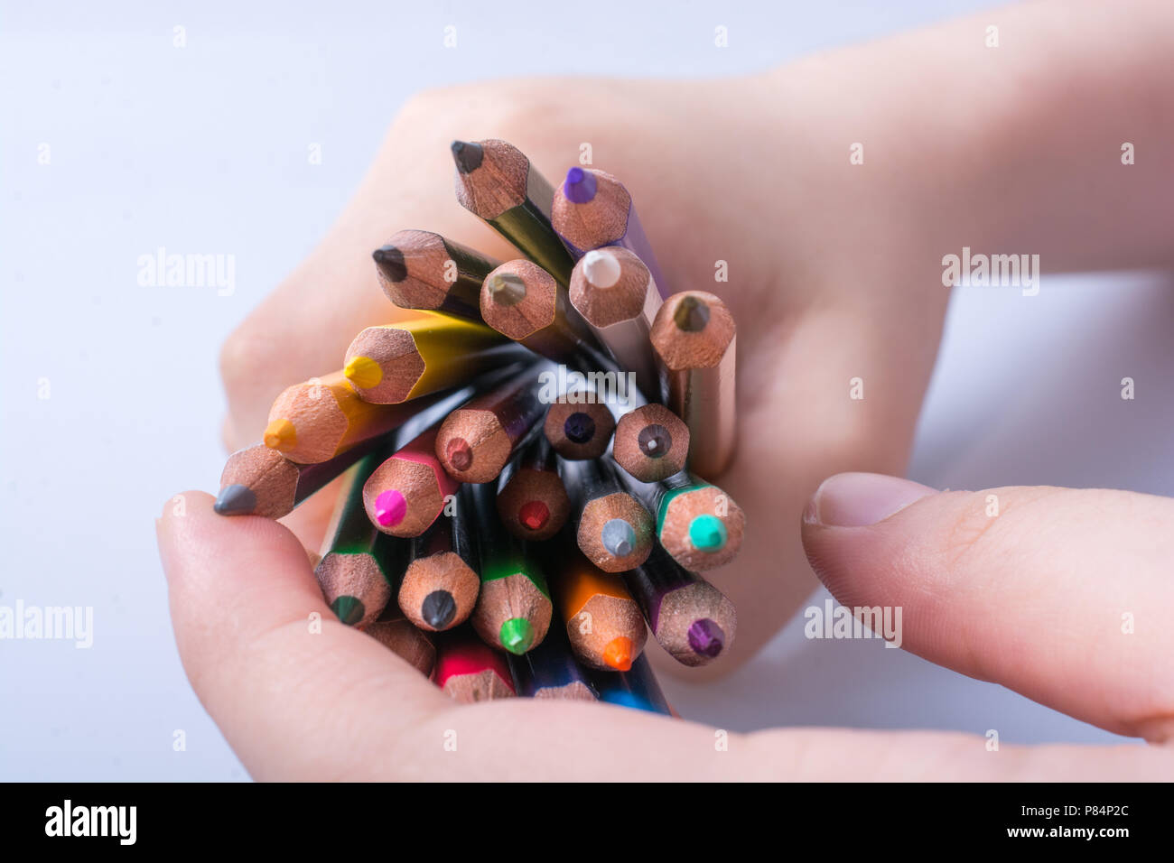 Hand holding color Pencils placed on a white background Stock Photo - Alamy