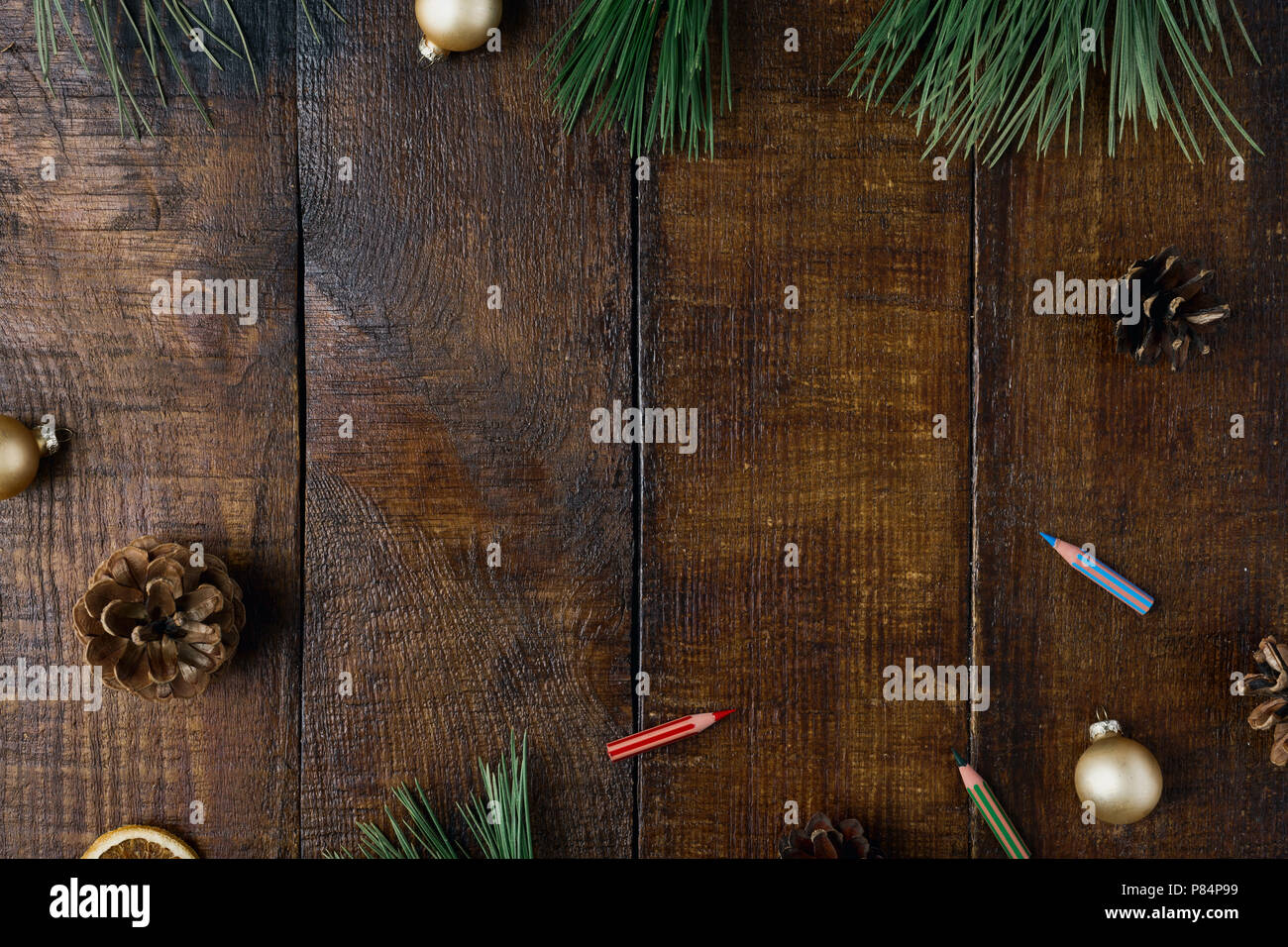 Christmas background with decorations on wooden table, top view Stock ...