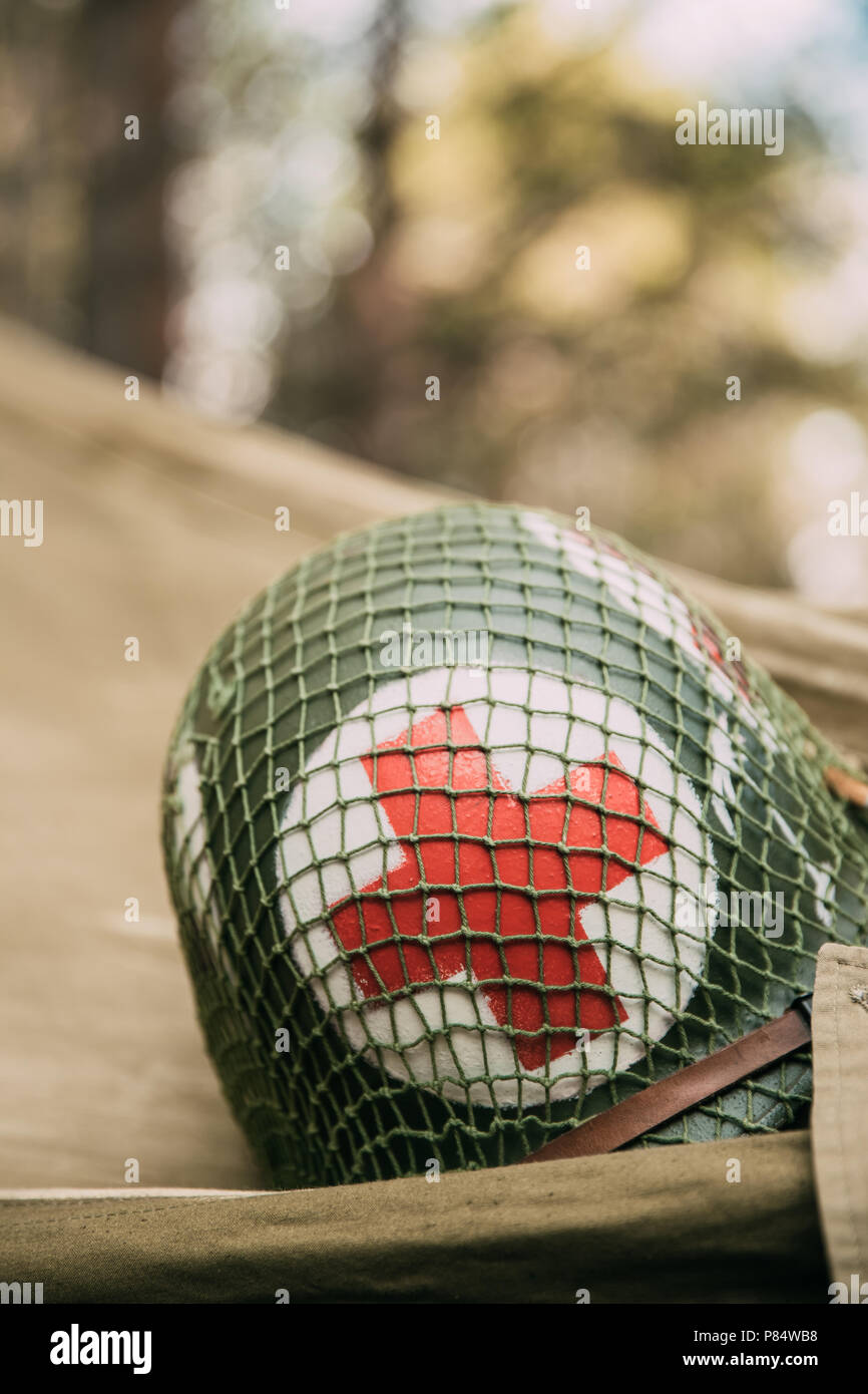 Metal Helmet Of United States Army Infantry Medic Soldier At World War ...