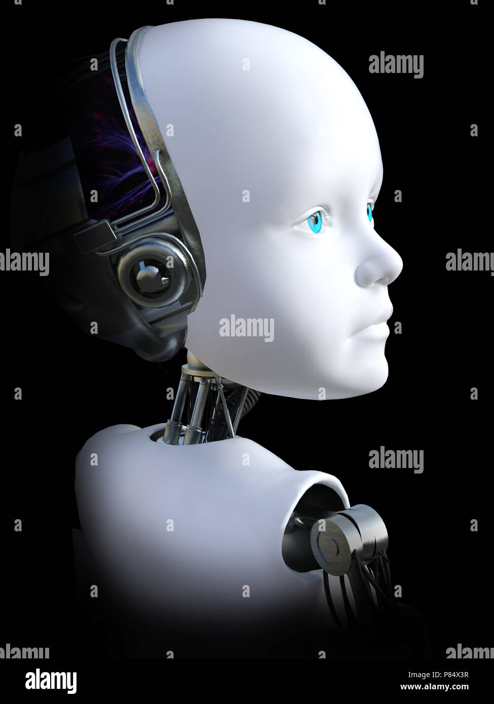 Face portrait of a robot child, 3D rendering. Black background Stock ...