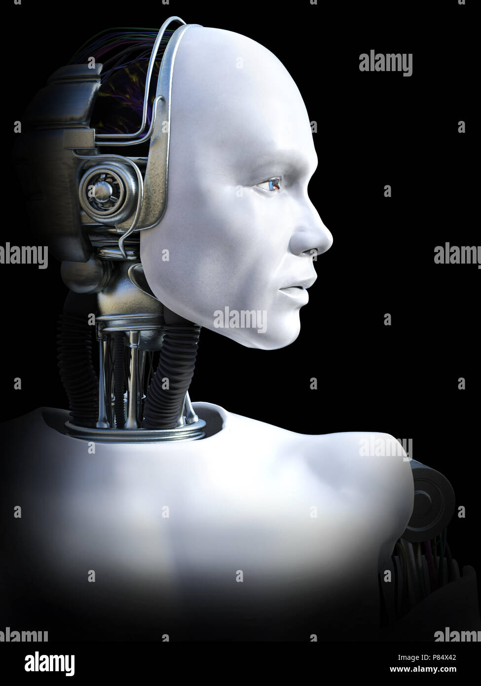 Face portrait of a male robot, 3D rendering. Black background Stock ...