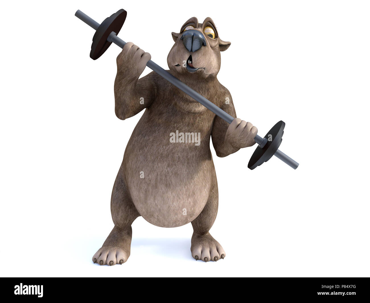 3D rendering of a charming cartoon bear trying to lift a barbell. He ...