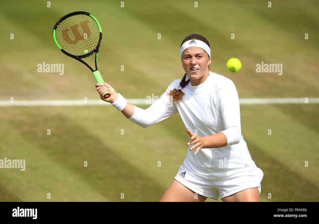 Jelena Ostapenko in action on day seven of the Wimbledon Championships ...