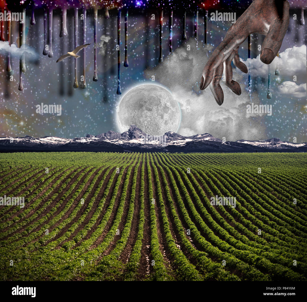 Surrealism. Field with green rows. Giant moon rises over the mountains ...