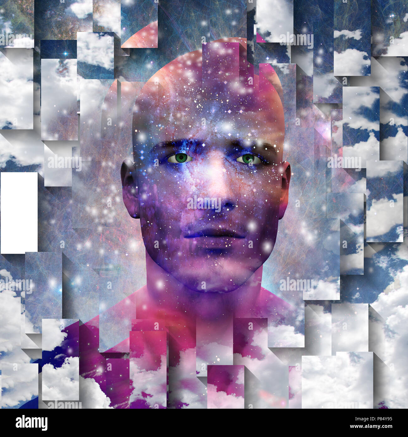 Surreal digital art. Mans head with stars and clouds. Abstract ...
