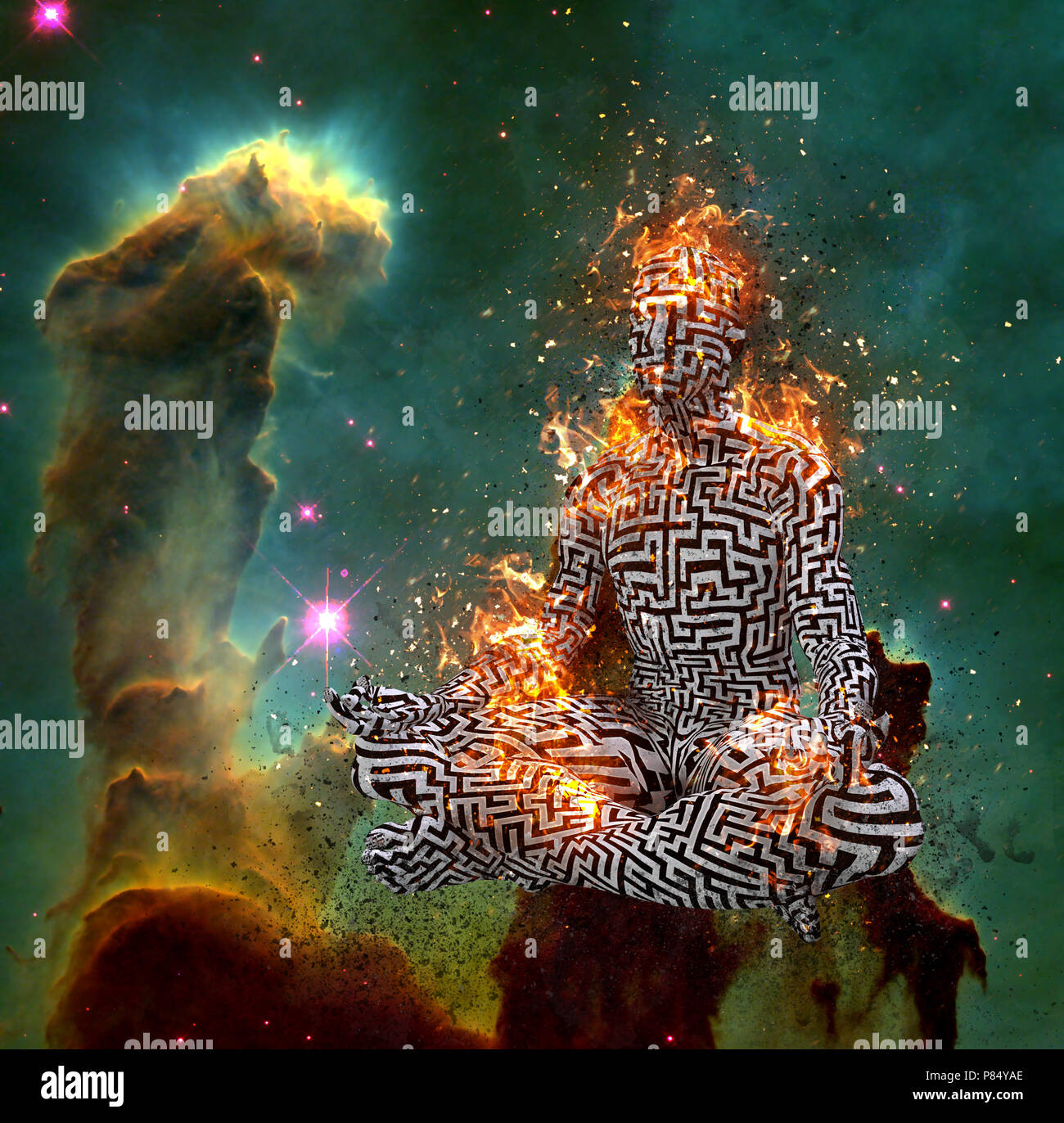 Surrealism. Figure of man with maze pattern in lotus pose in flames. 3D ...