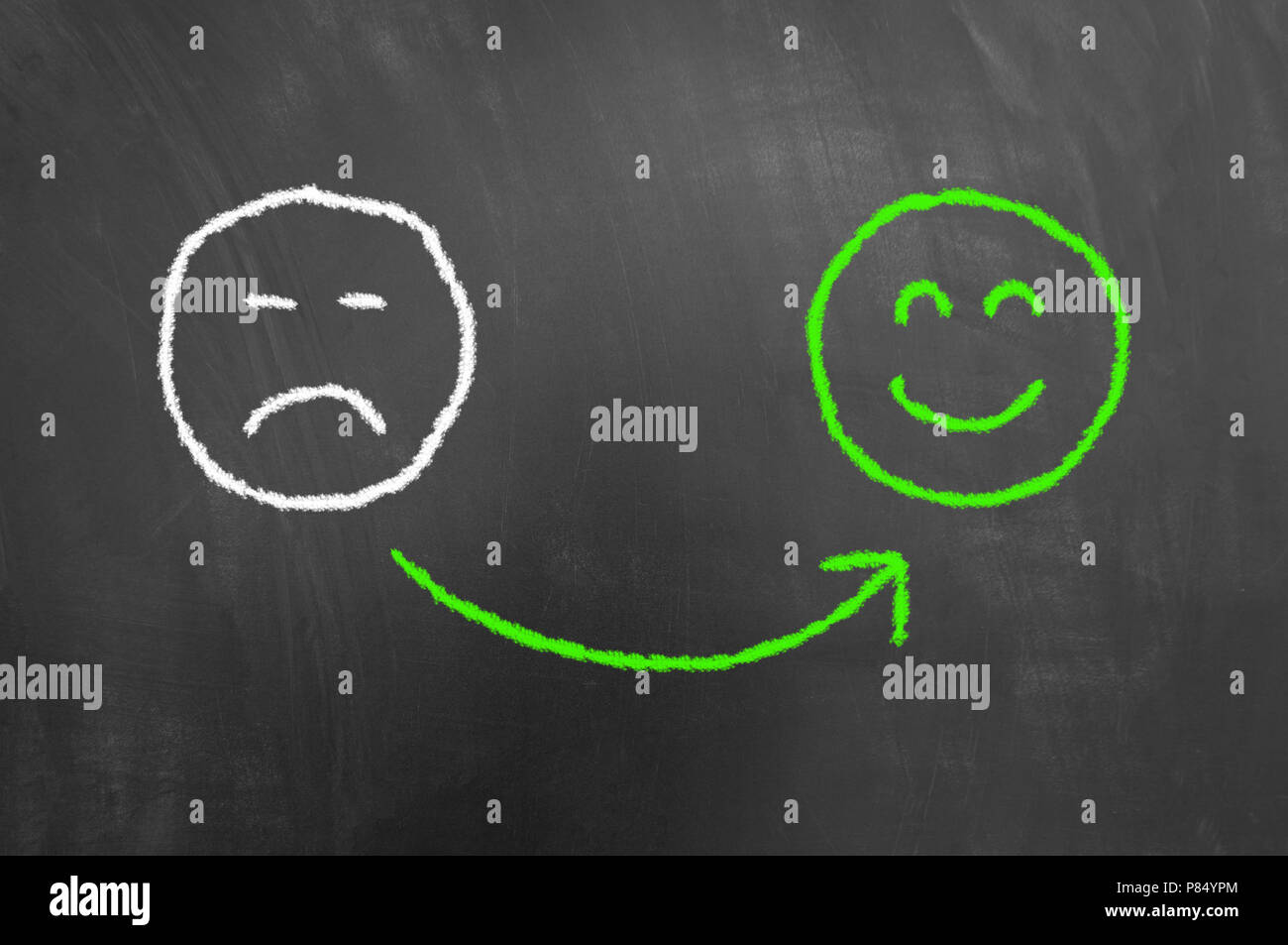 Be happy drawing with chalk sad and happy smiley face on blackboard or ...