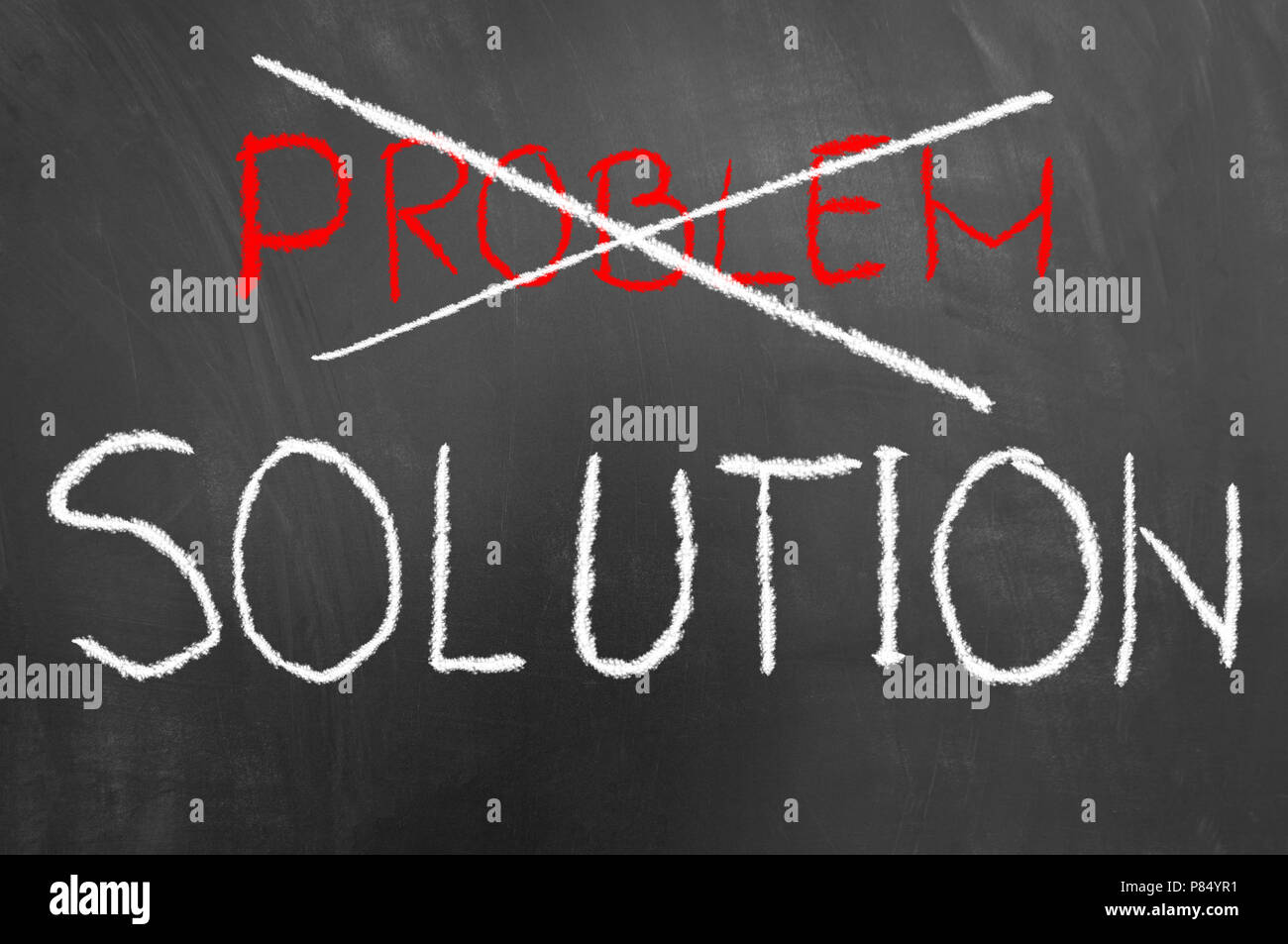 Solution and crossed problem chalk writing text on blackboard or ...