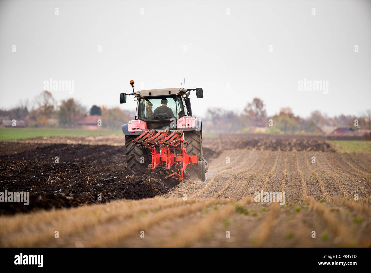 Farmer plowing stubble field Stock Photo - Alamy