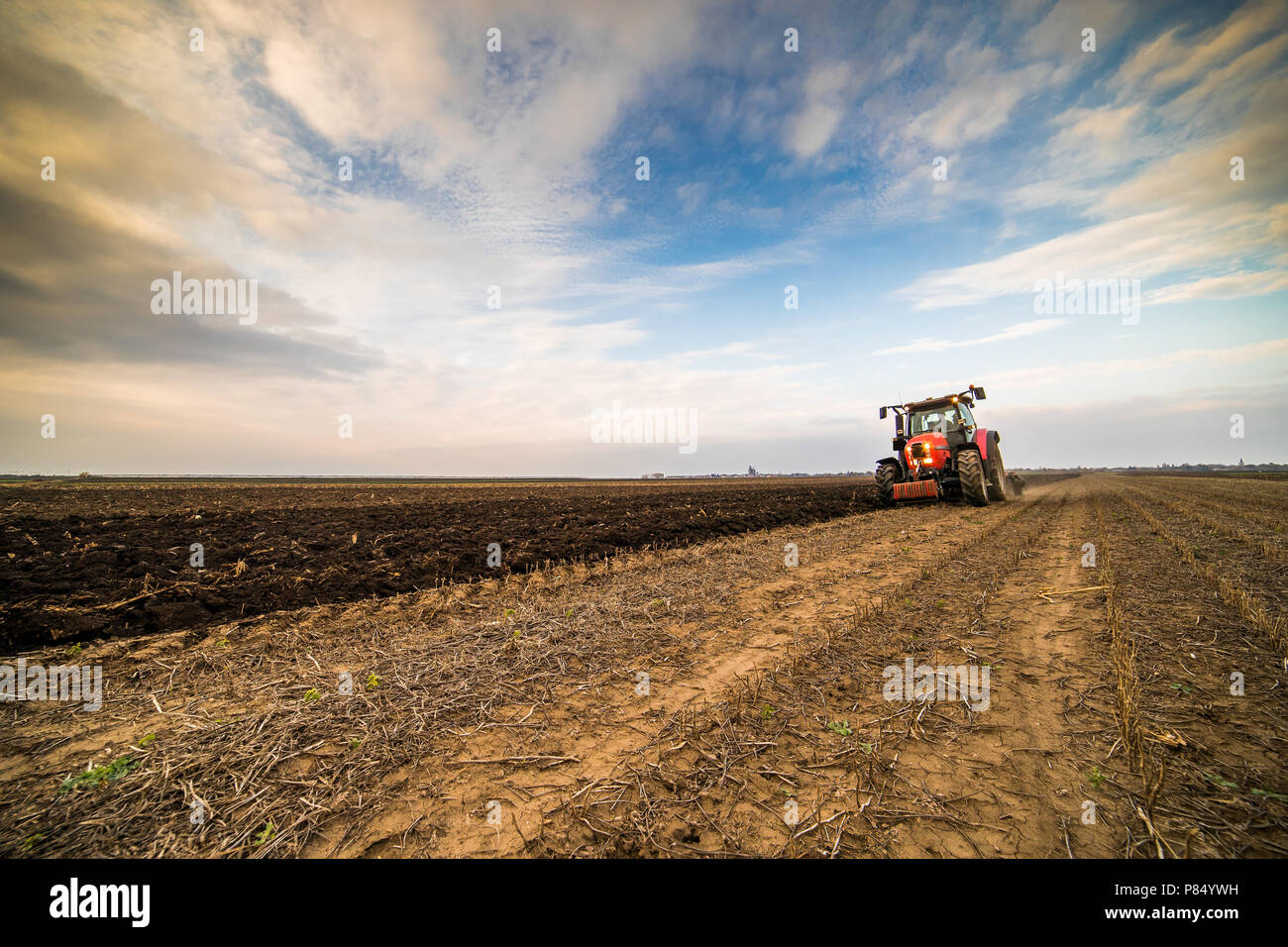 Farmer plowing stubble field Stock Photo - Alamy