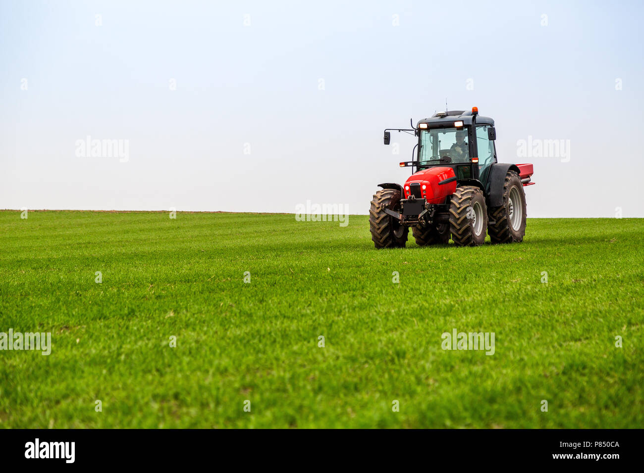 Farmer in tractor fertilizing wheat field at spring with npk Stock ...