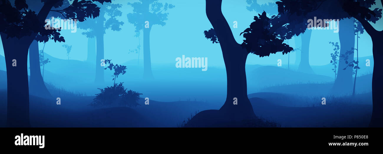 foggy fantasy forest, blue landscape banner Stock Photo - Alamy
