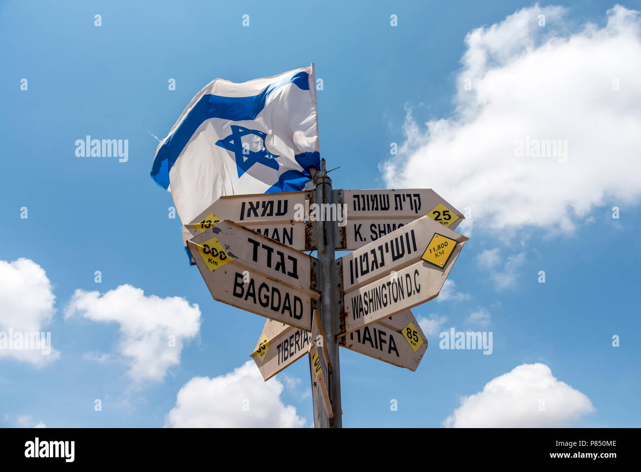 Direction and distance sign post in Mount Bental at the Golan Heights ...