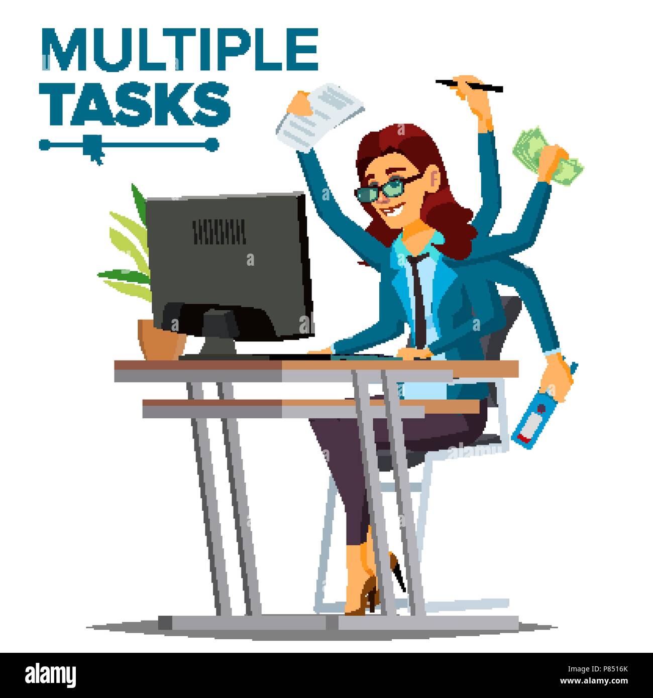 Multiple Tasks Business Woman Vector. Many Hands Simultaneously. Financial Occupation. Talented ...