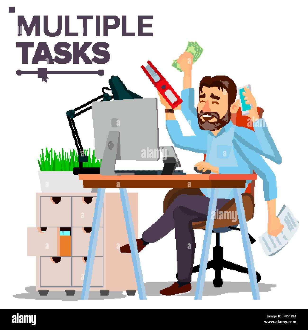 Multiple Tasks Businessman Vector. Many Hands. Efficiency And Productivity. Plodding Worker ...