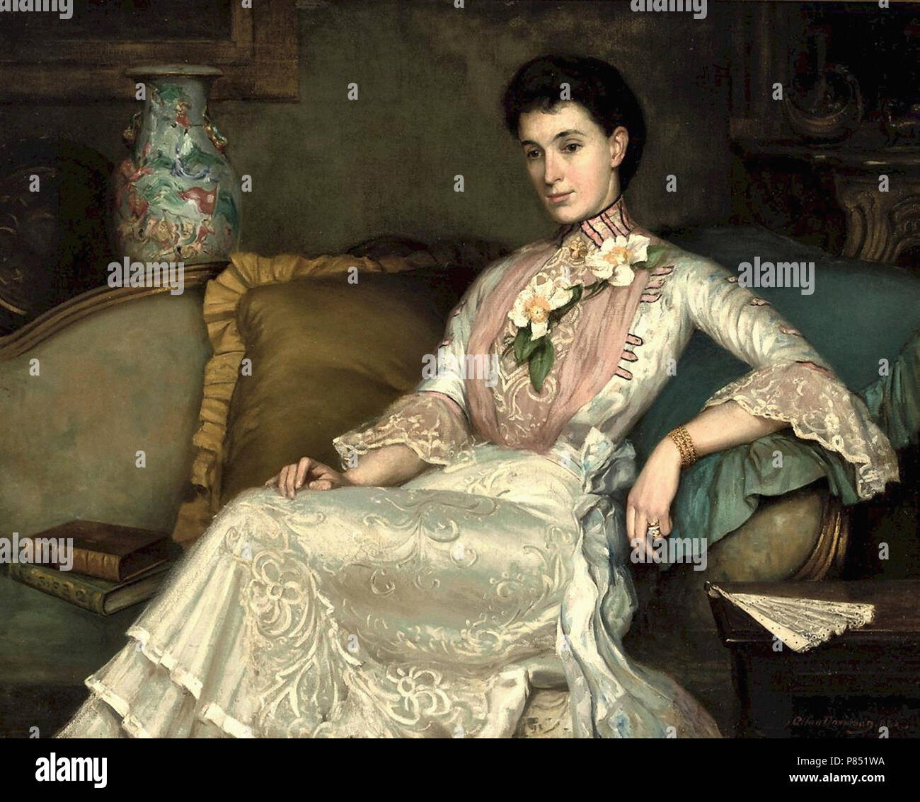 Davidson Allan Douglas - Portrait of a Lady in a White Dress and Pink ...