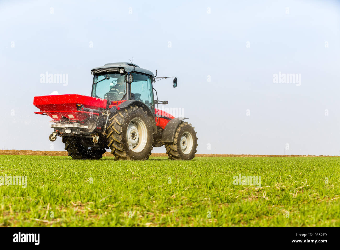 Farmer in tractor fertilizing wheat field at spring with npk Stock ...