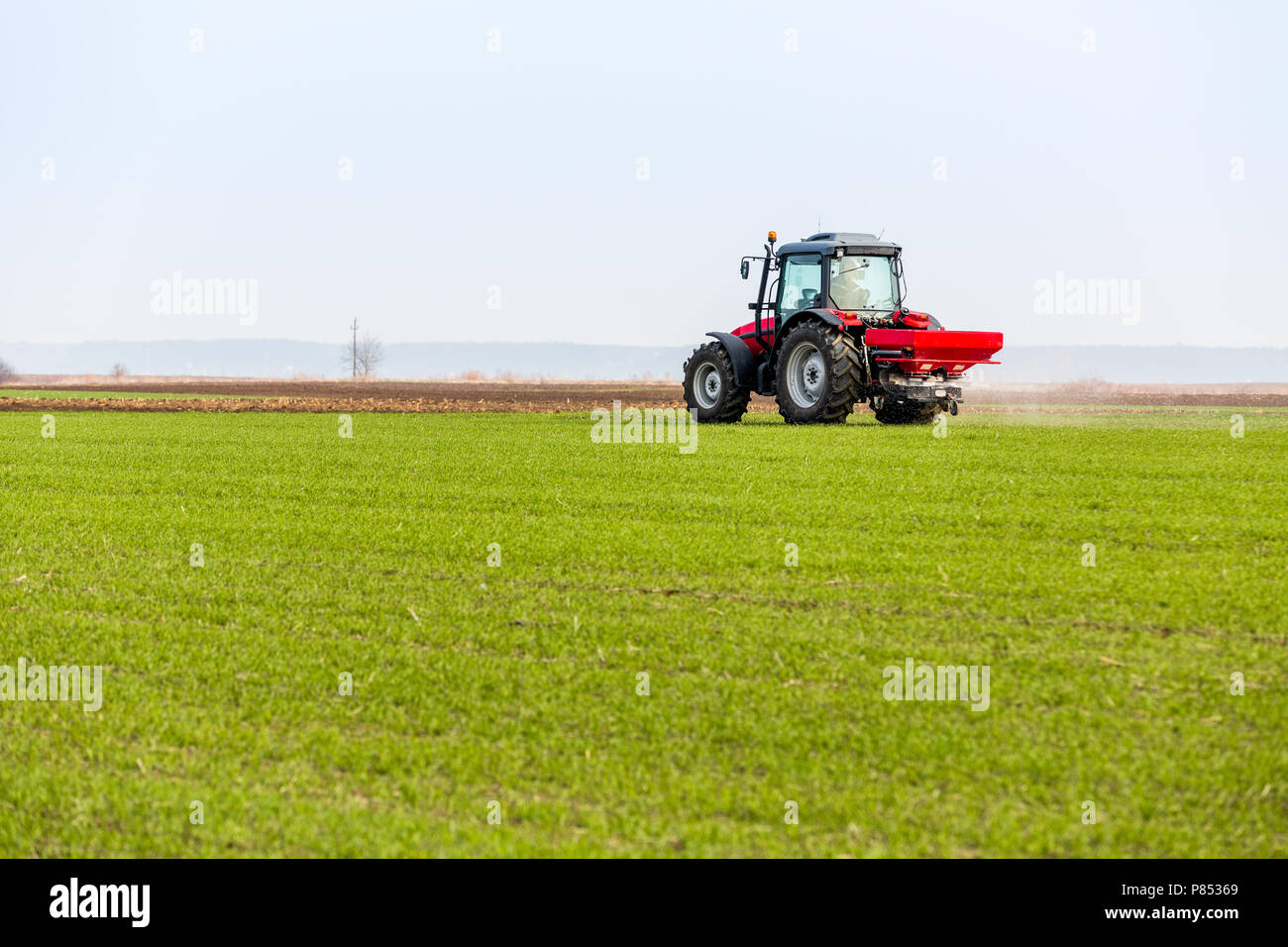 Farmer in tractor fertilizing wheat field at spring with npk Stock ...