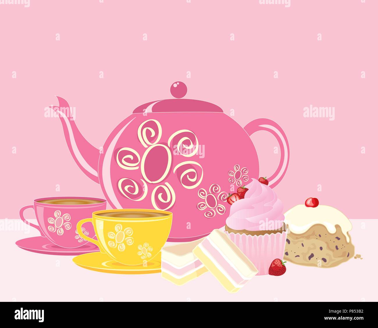 an illustration of an afternoon tea with a pink theme including teapot ...