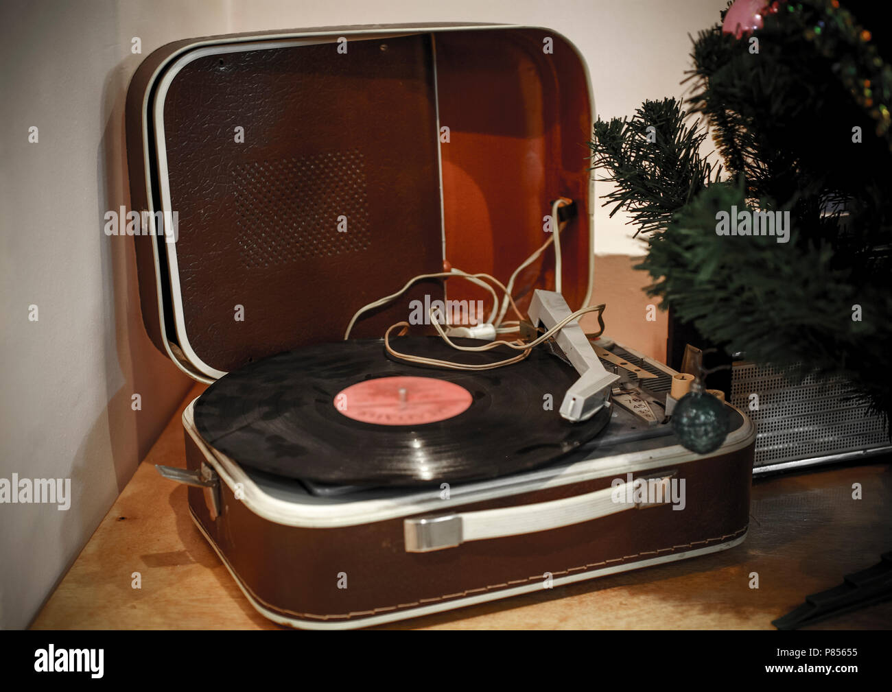 View of the old portable vinyl record player Stock Photo - Alamy