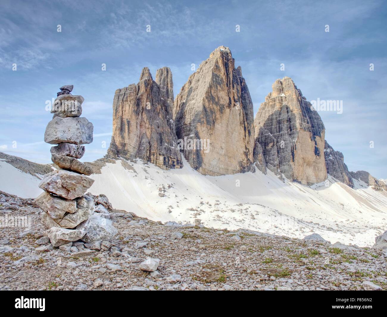 Pebbles pyramid. Stones on Alpine gravel at Tre Cime di Lavaredo, view ...