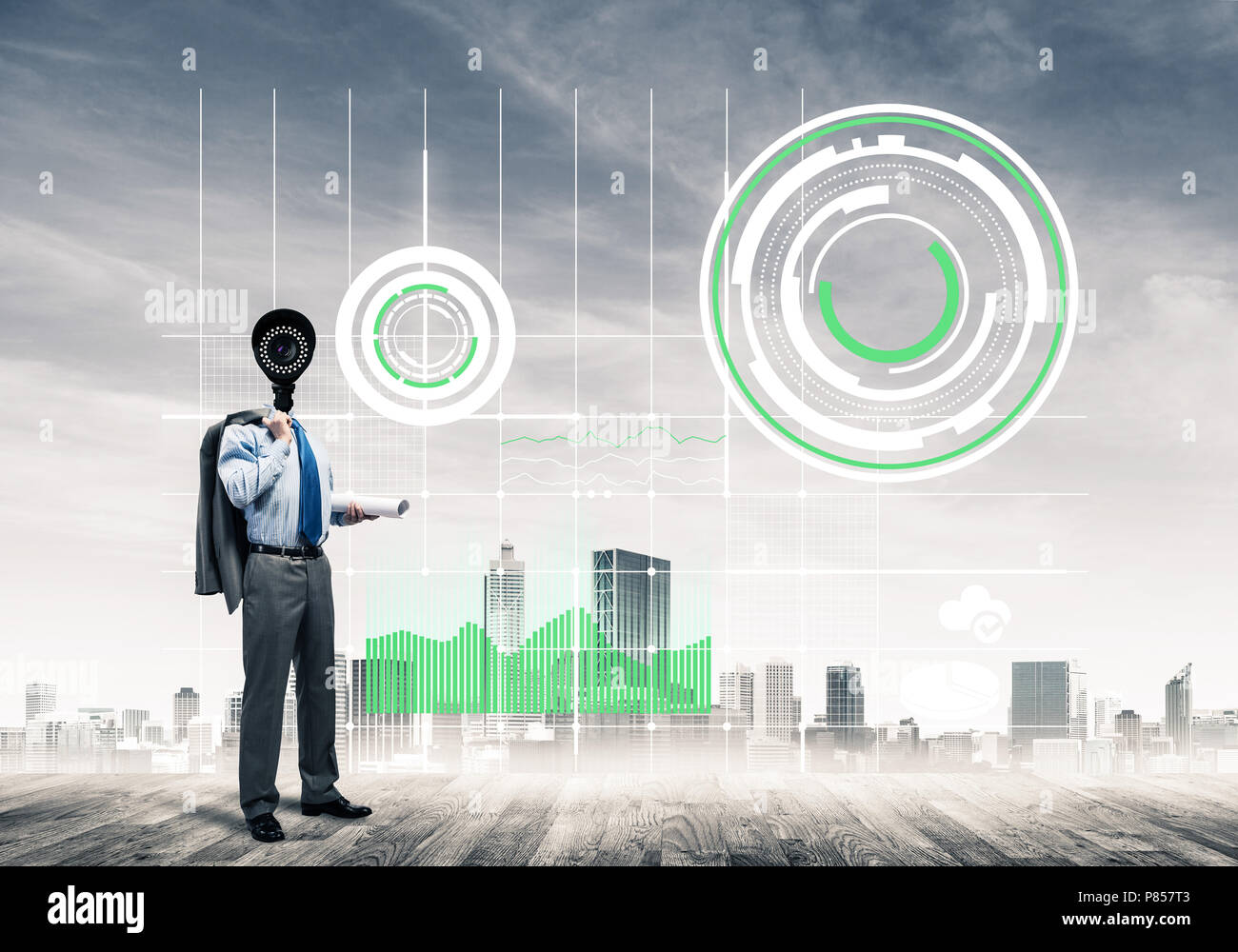Camera headed man standing on wooden floor against modern citysc Stock ...
