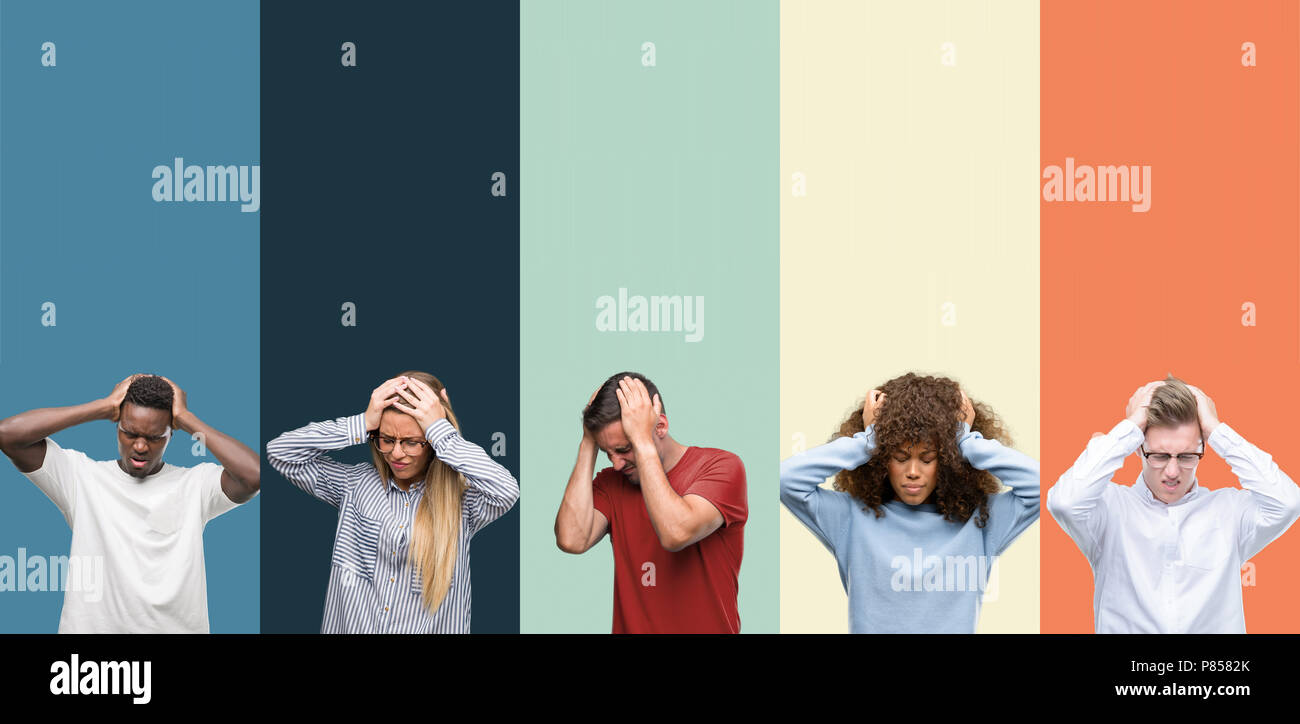 Group of people over vintage colors background suffering from headache ...