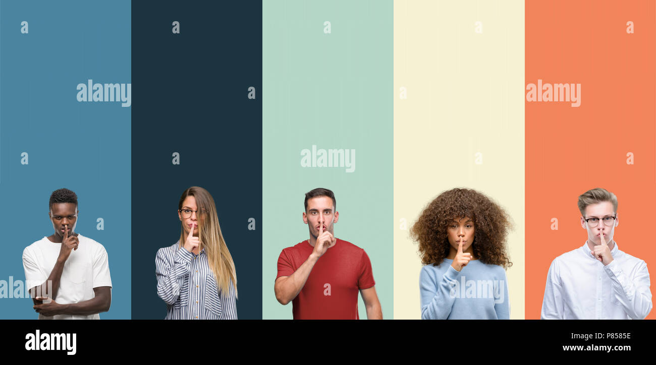 Group of people over vintage colors background asking to be quiet with ...