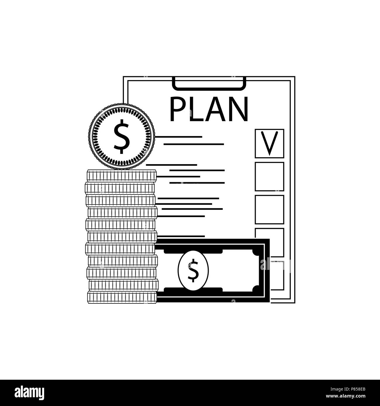 Finance plan concept line style. Checklist planning and money coins ...