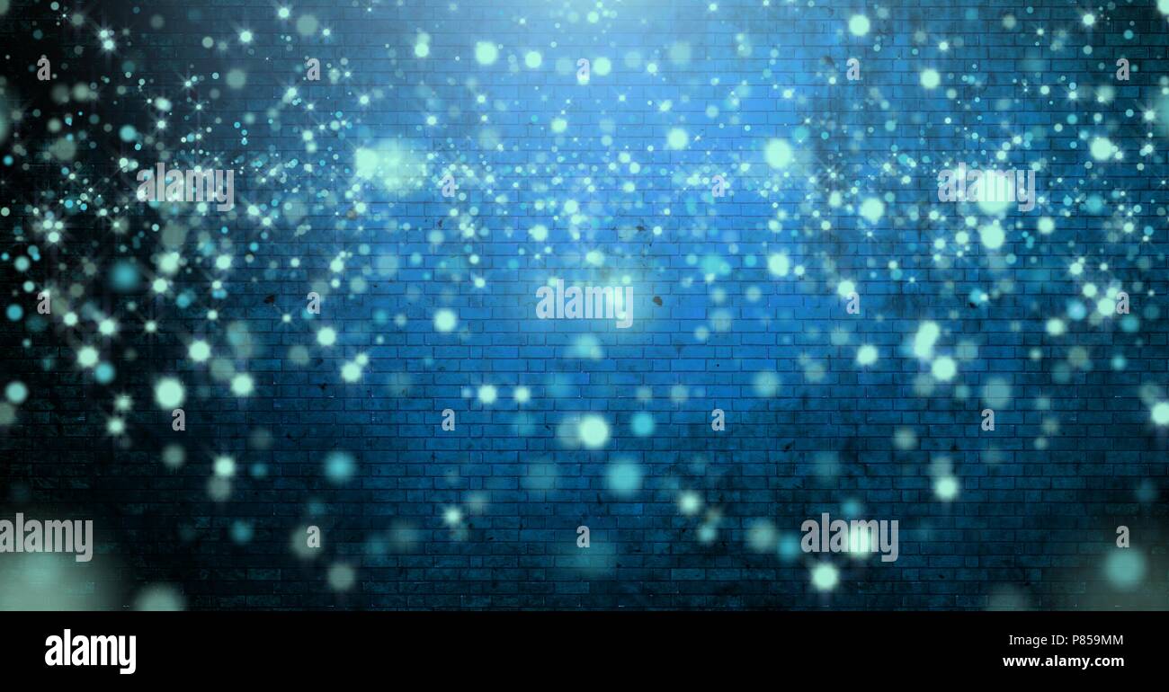 Light sparkles glowing over Vignette and light on blue brick wall ...