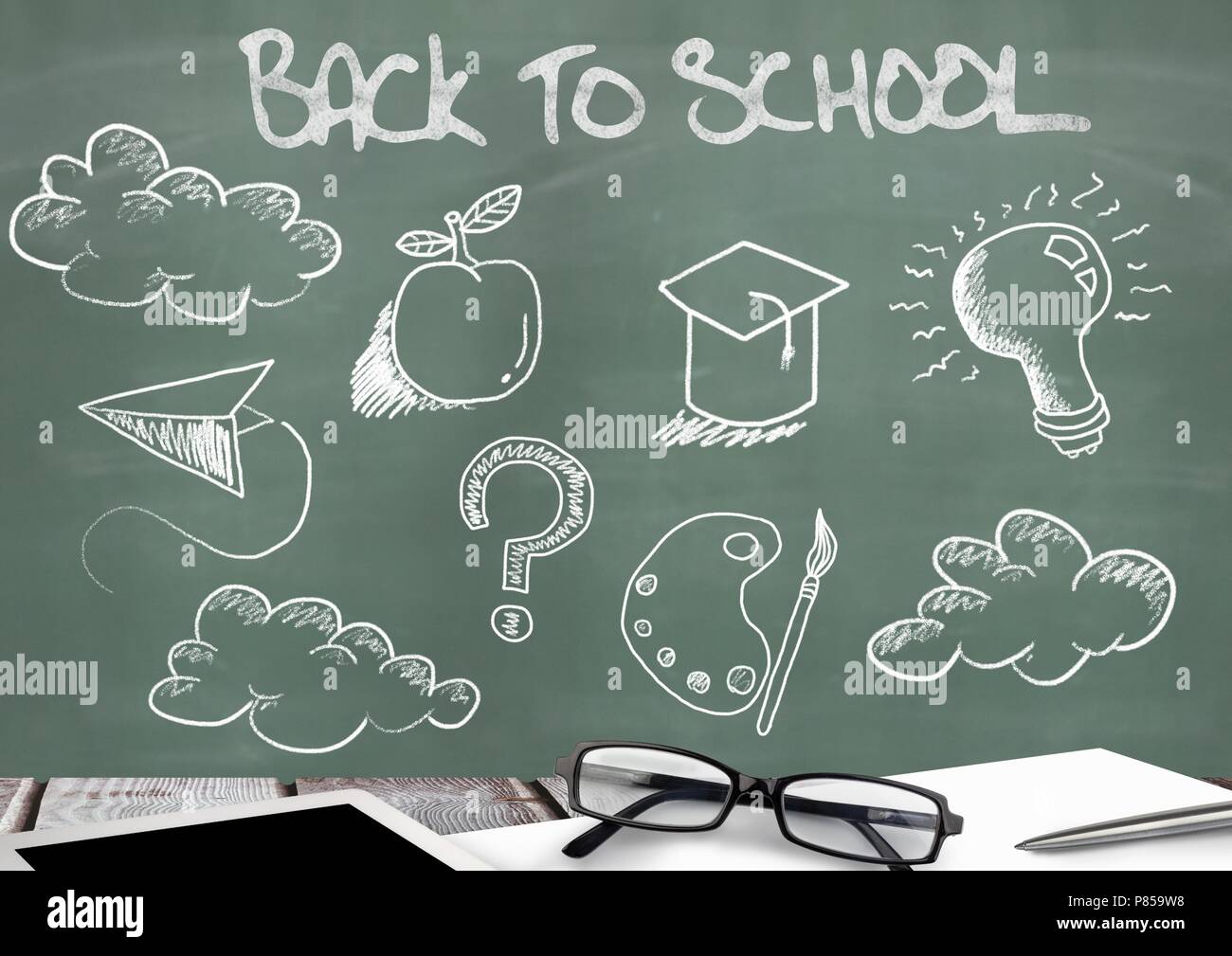 Back to school education drawings on blackboard for school Stock Photo ...